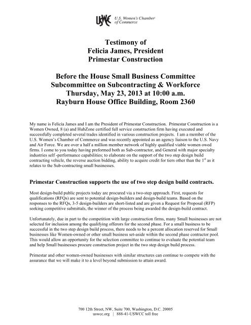 Testimony of Felicia James, President Primestar Construction Before ...