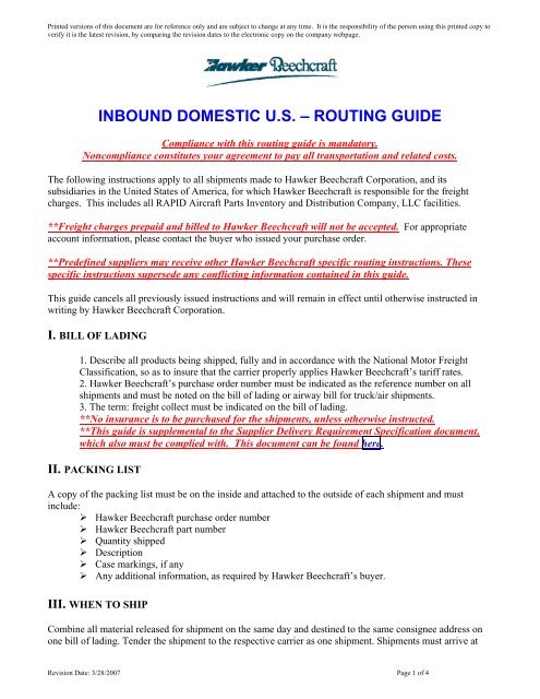 INBOUND DOMESTIC U.S. â ROUTING GUIDE - Hawker Beechcraft