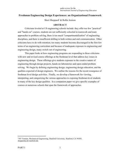 Freshman Engineering Design Experiences: an Organizational ...