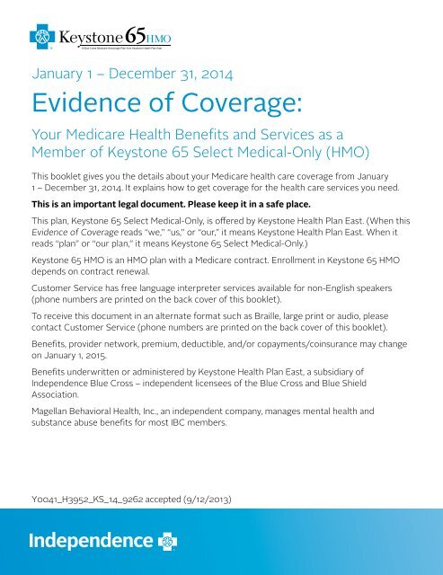 Keystone 65 Select Medical-Only HMO Evidence ... - IBXMedicare.com