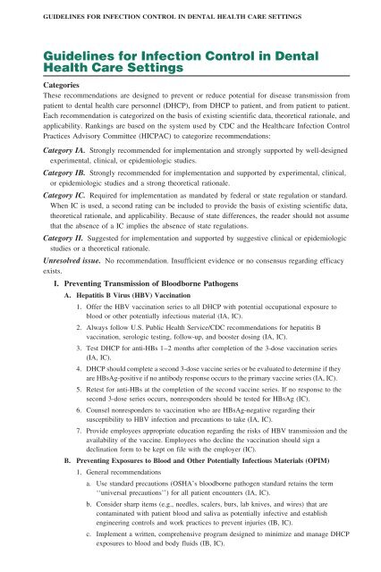 Guidelines for Infection Control in Dental Health Care Settings