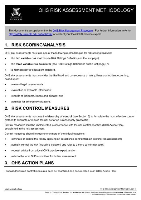 ohs risk assessment methodology - Safety - University of Melbourne