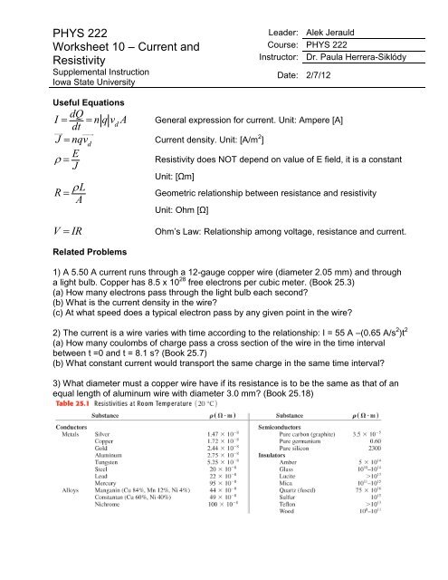 PHYS 222 Worksheet 10 – Current and Resistivity ρ = ρ - Iowa State ...