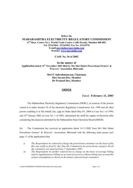 MAHARASHTRA ELECTRICITY REGULATORY COMMISSION