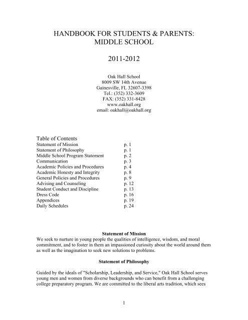 HANDBOOK FOR STUDENTS & PARENTS ... - Oak Hall School