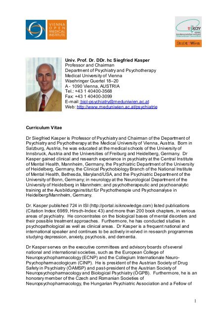 1 Univ. Prof. Dr. DDr. hc Siegfried Kasper Professor ... - Vienna OMI