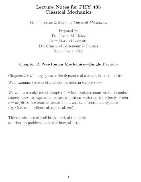 Lecture Notes for PHY 405 Classical Mechanics