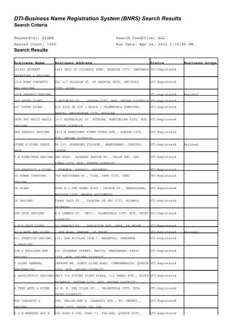 DTI-Business Name Registration System (BNRS) Search Results