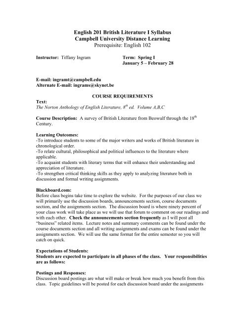 English 201 British Literature I Syllabus - Campbell University