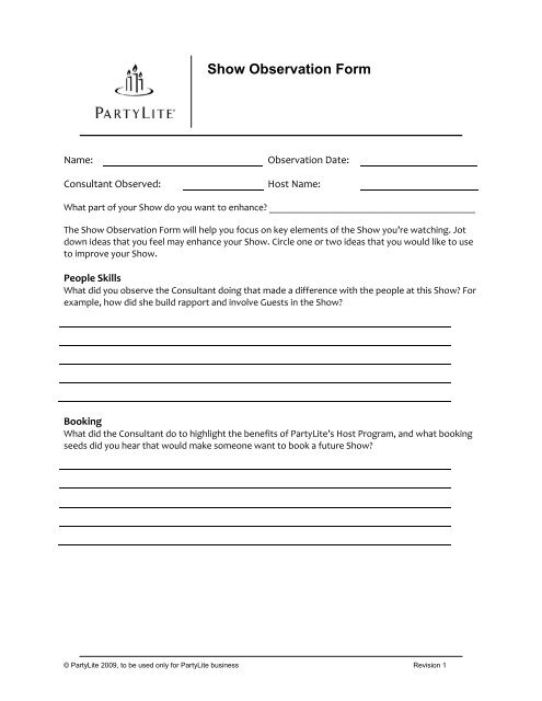 Show Observation Form - PartyLite Consultant Business Center