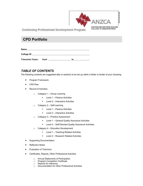 CPD Portfolio - Australian and New Zealand College of Anaesthetists
