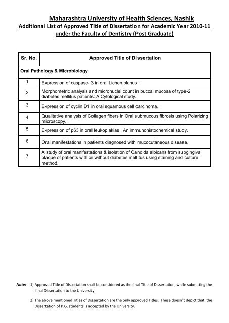 Additional List of Approved Title of Synopsis of Dissertation for ...
