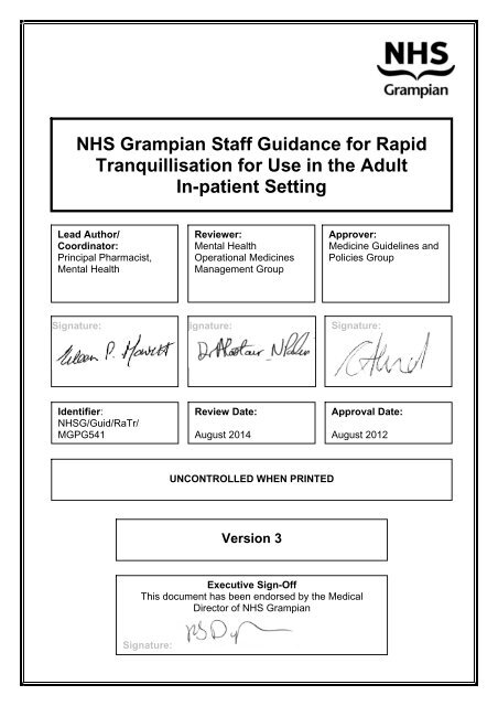 NHS Grampian Staff Guidance for Rapid Tranquillisation for Use in ...