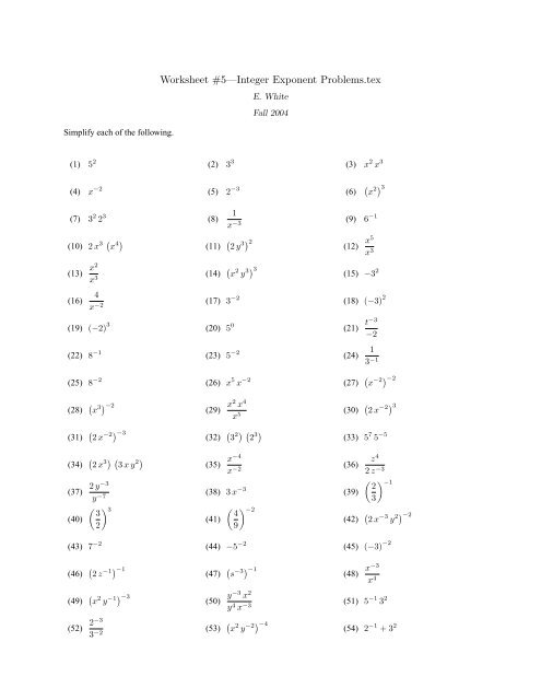 Worksheet 5 Integer Exponent Problems tex Worksheet 5 Integer Exponent Problems tex