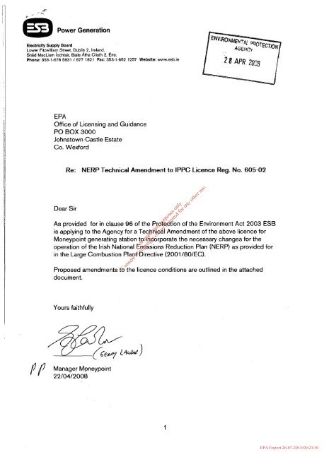 Letter from Applicant - Technical Amendment Request