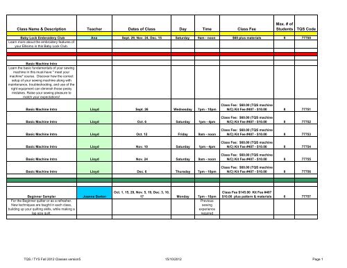 Class Name & Description Teacher Dates of Class ... - The Quilt Store