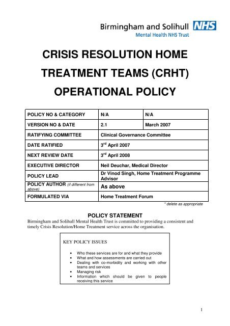 crisis resolution home treatment teams (crht) operational policy