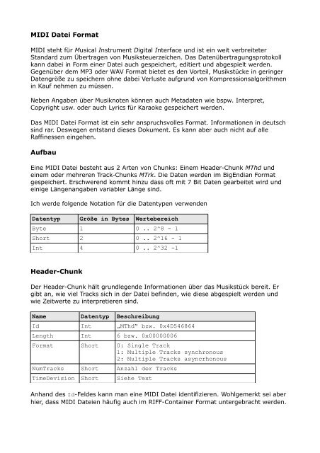 MIDI Datei Format Aufbau Header-Chunk - Vertex
