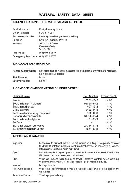 MSDS - Laundry - Purity Laundry Liquid 18.10 ... - Natures Organics