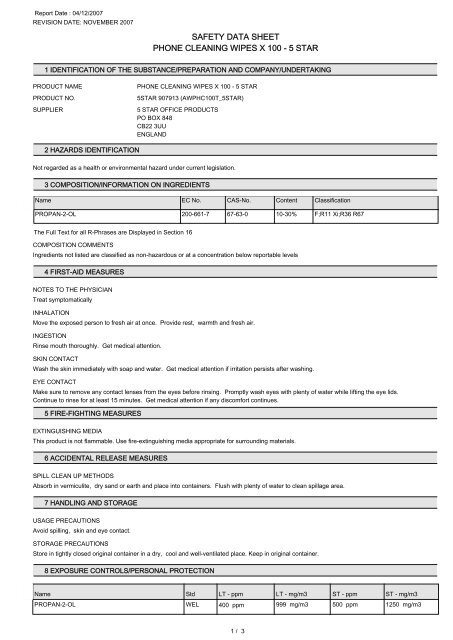 safety data sheet phone cleaning wipes x 100 - 5 star - Office 365