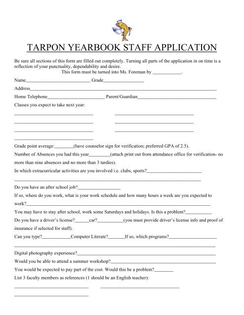 TARPON YEARBOOK STAFF APPLICATION - Charlotte High School