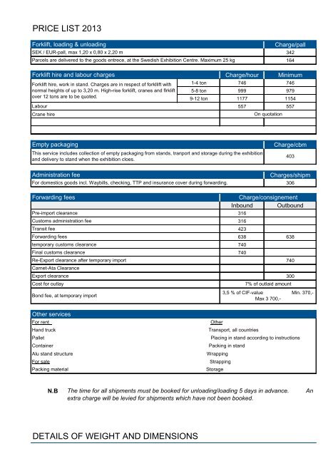DETAILS OF WEIGHT AND DIMENSIONS PRICE LIST 2013