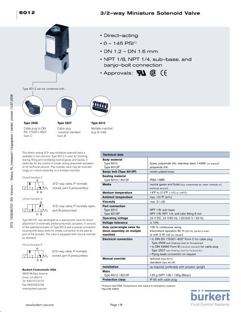 Burkert 6012 Solenoid Valve Spec Sheet - Don Johns