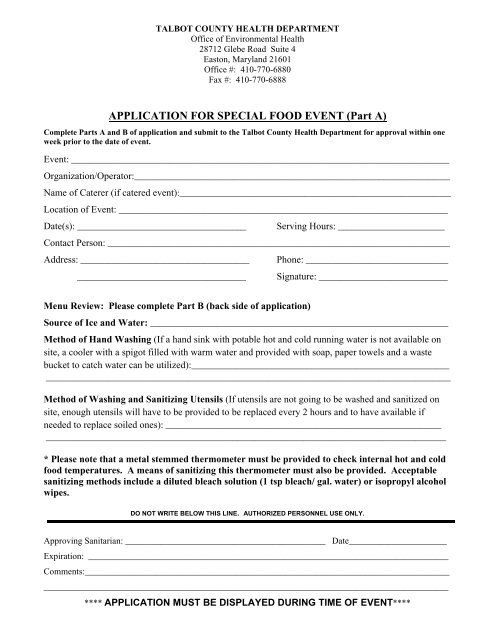 Applicaation For Special Event Food Permit