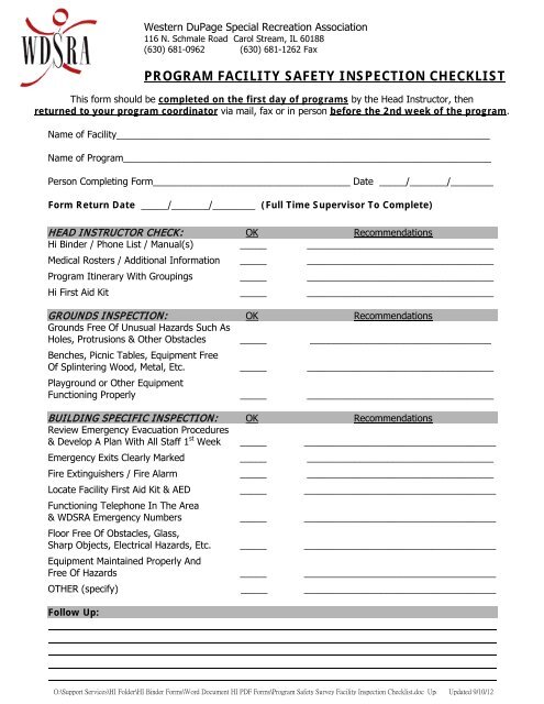 program facility safety inspection checklist - Western DuPage ...