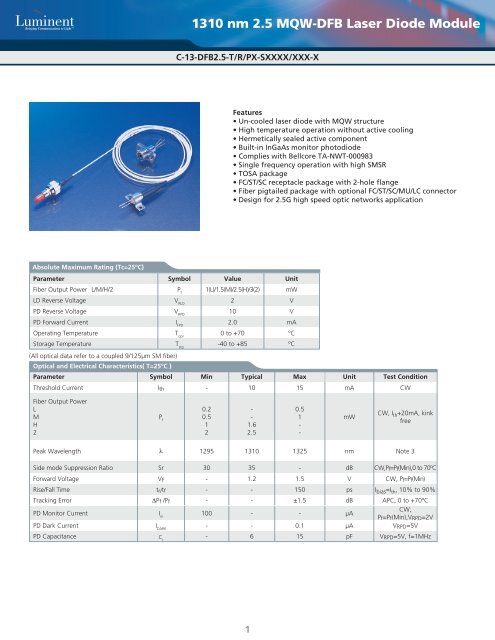 1310 nm 2.5 MQW-DFB Laser Diode Module