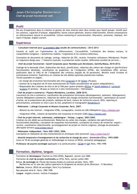 TÃ©lÃ©charger le CV au format PDF - Jean-Christophe Dontevieux - Free