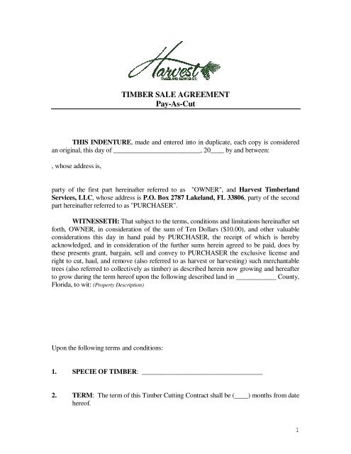 TIMBER SALE AGREEMENT Pay-As-Cut - Sell Timber in Florida