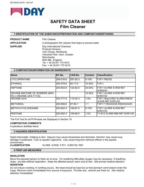 SAFETY DATA SHEET Film Cleaner - Offset Supplies