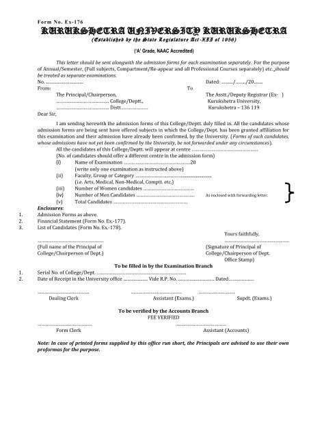 Form No . Ex. 176, 177 & 178 - Kurukshetra University