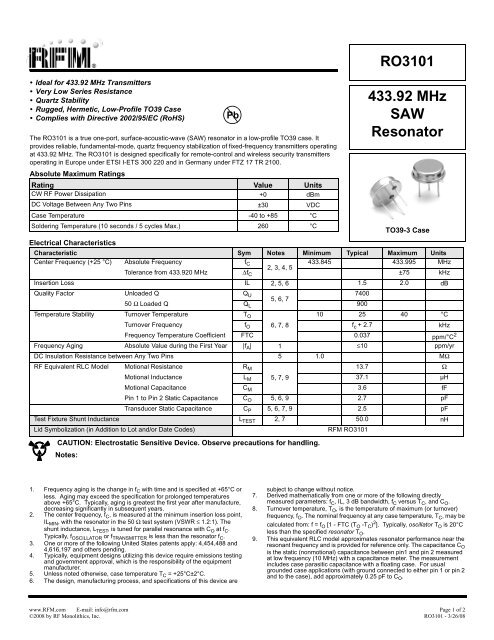 433.92 MHz SAW Resonator RO3101 - RF Monolithics, Inc.