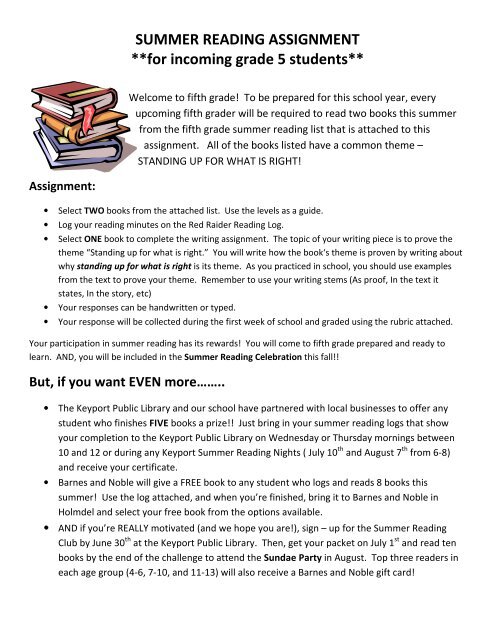 SUMMER READING ASSIGNMENT **for incoming grade 5 students**