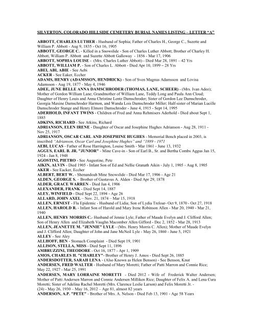 silverton, colorado hillside cemetery burial names listing