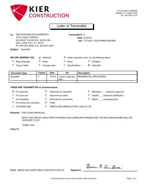 Letter of Transmittal - Kier Construction Corporation