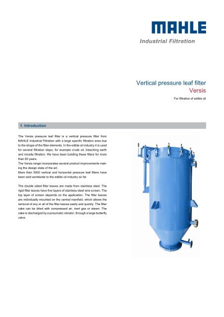 Vertical pressure leaf filter, Versis for filtration of - MAHLE Industry ...