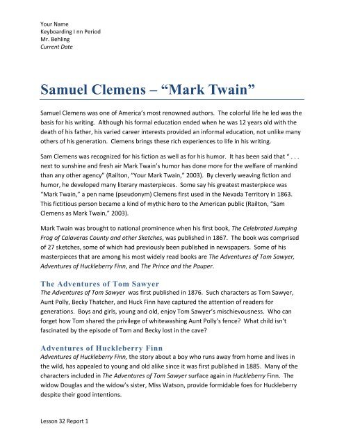 Samuel Clemens â â Mark Twainâ - Mr. Behling's Web