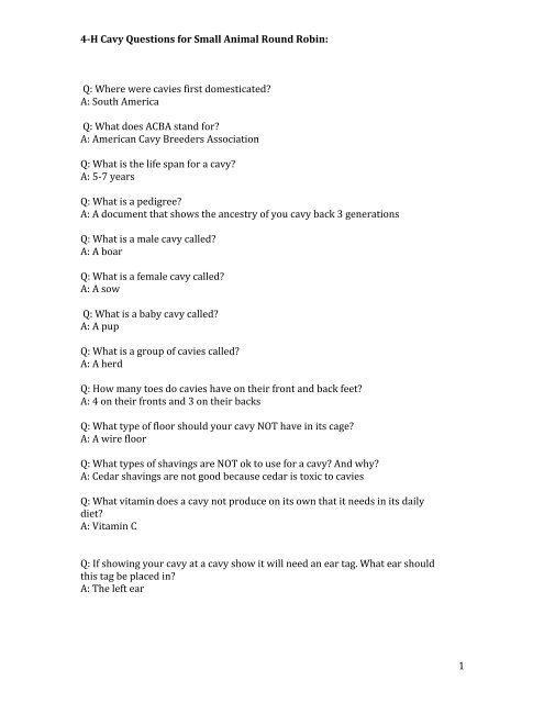 4-â H Cavy Questions for Small Animal Round Robin: 1