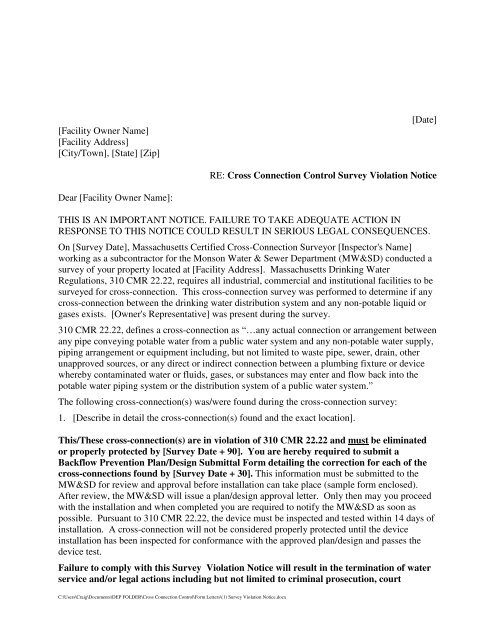 Cross Connection Control Survey Violation Notice - Town of Monson