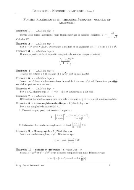 Exercices - Nombres complexes : Ã©noncÃ© Formes ... - Bibmath