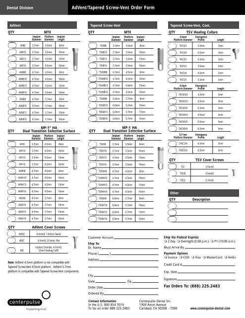 AdVent/Tapered Screw-Vent Order Form - Zimmer Dental