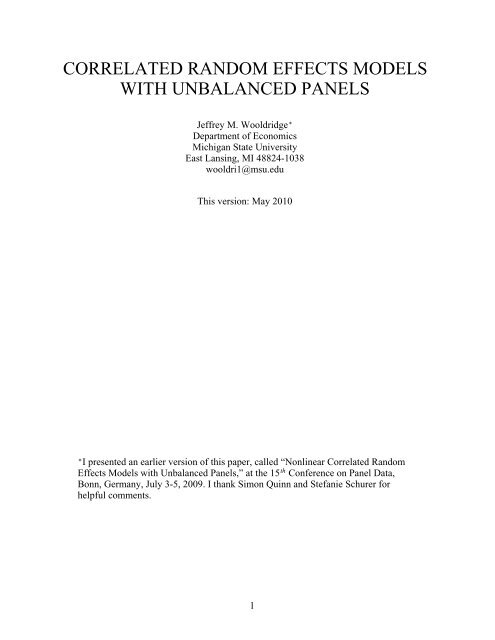 Correlated Random Effects Models With Unbalanced Panels