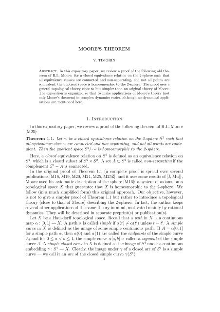 MOORE'S THEOREM 1. Introduction In this expository paper, we ...