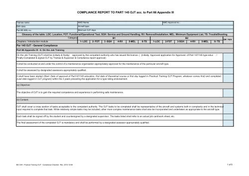 COMPLIANCE REPORT TO PART 145 OJT acc. to Part 66 Appendix III