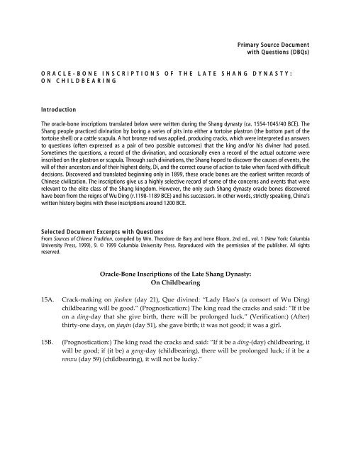 ORACLE-BONE INSCRIPTIONS OF THE LATE SHANG DYNASTY