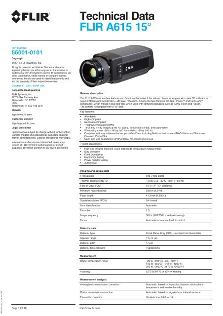 Technical Data FLIR A615 15Ã‚Â°