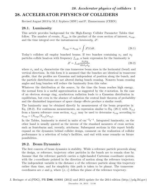 28. ACCELERATOR PHYSICS OF COLLIDERS - Particle Data Group